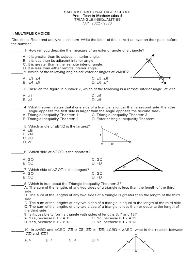 Triangle Inequalities Pre-Test for Grade 8 | PDF | Triangle | Euclidean ...