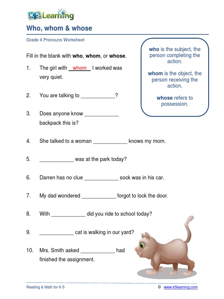 Grade 4 Relative Pronouns Who Whom Whose B | PDF