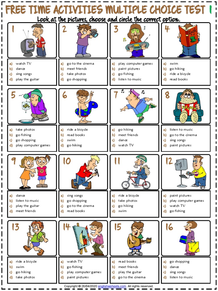 Free Time Activities Vocabulary Esl Multiple Choice Tests For Kids | PDF