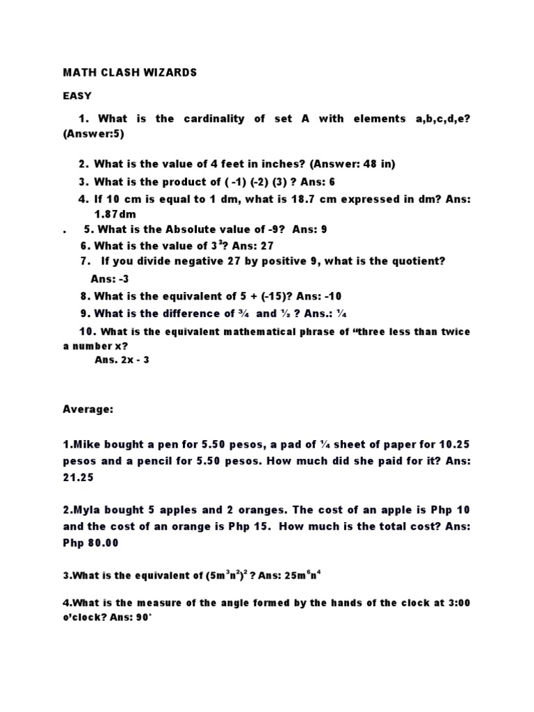 Grade 7 Math Clash Wizards Quiz | PDF
