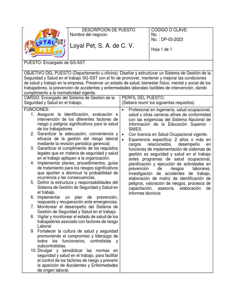 Descripción de Puesto | PDF | Seguridad y salud ocupacional | Riesgo
