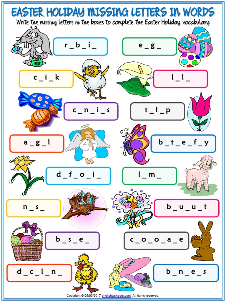 Easter Holiday Vocabulary Esl Missing Letters in Words Worksheet for ...