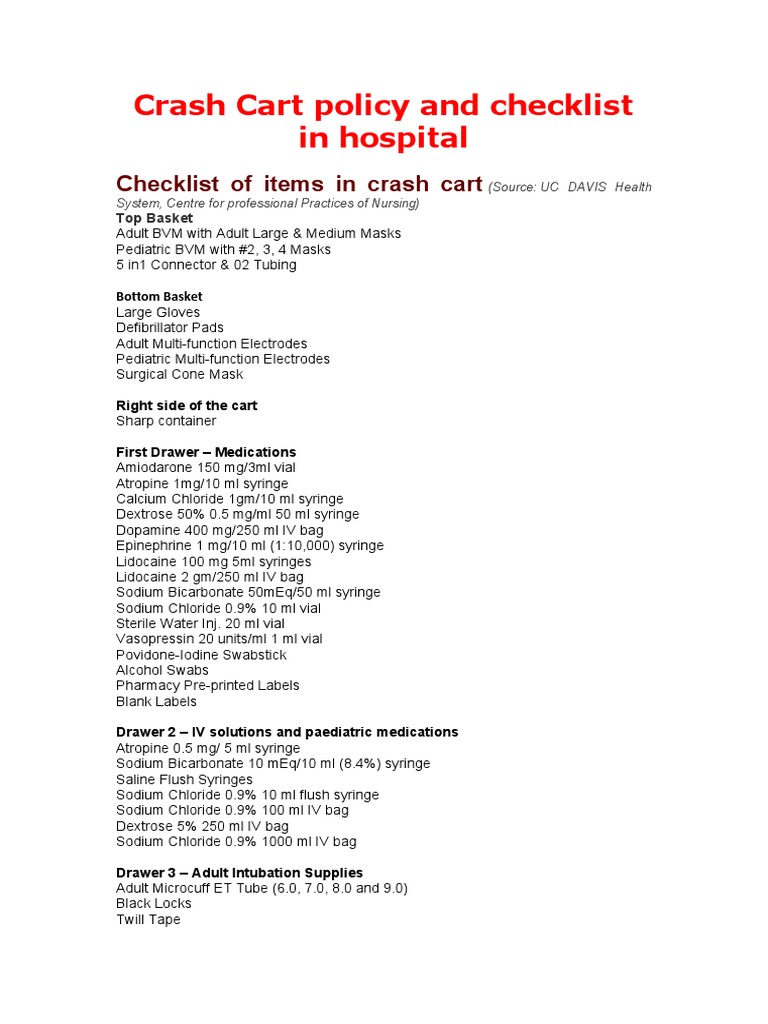 CHECKLIST - Crash Cart Policy and Checklist in Hospital | PDF | Syringe ...