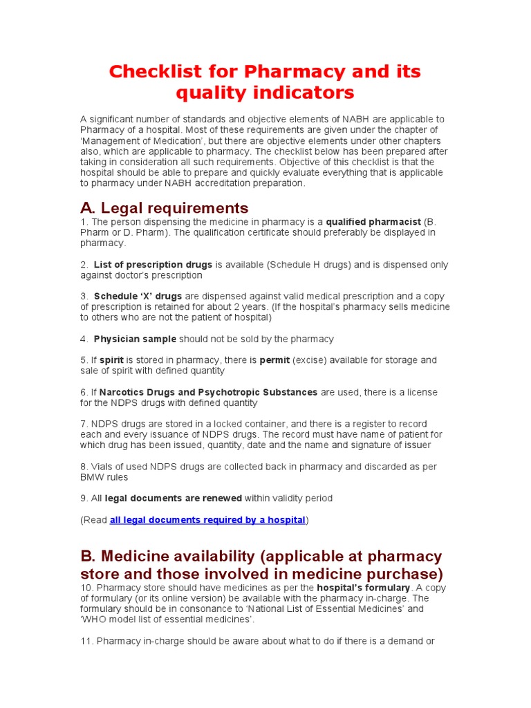 Checklist For Pharmacy and Its Quality Indicators | PDF | Pharmacist ...