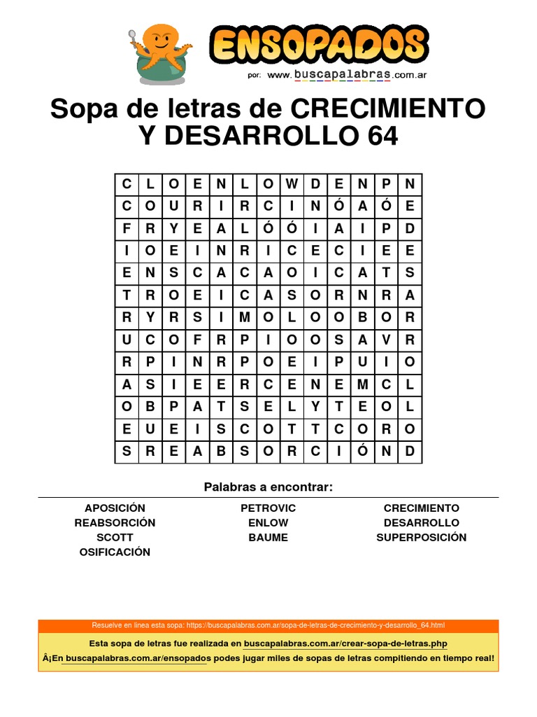 Sopa de Letras de Crecimiento y Desarrollo - 64 | PDF