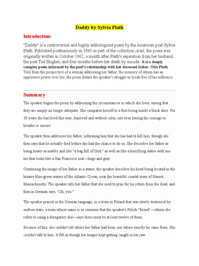 Daddy by Sylvia Plath Summary | PDF | Sylvia Plath