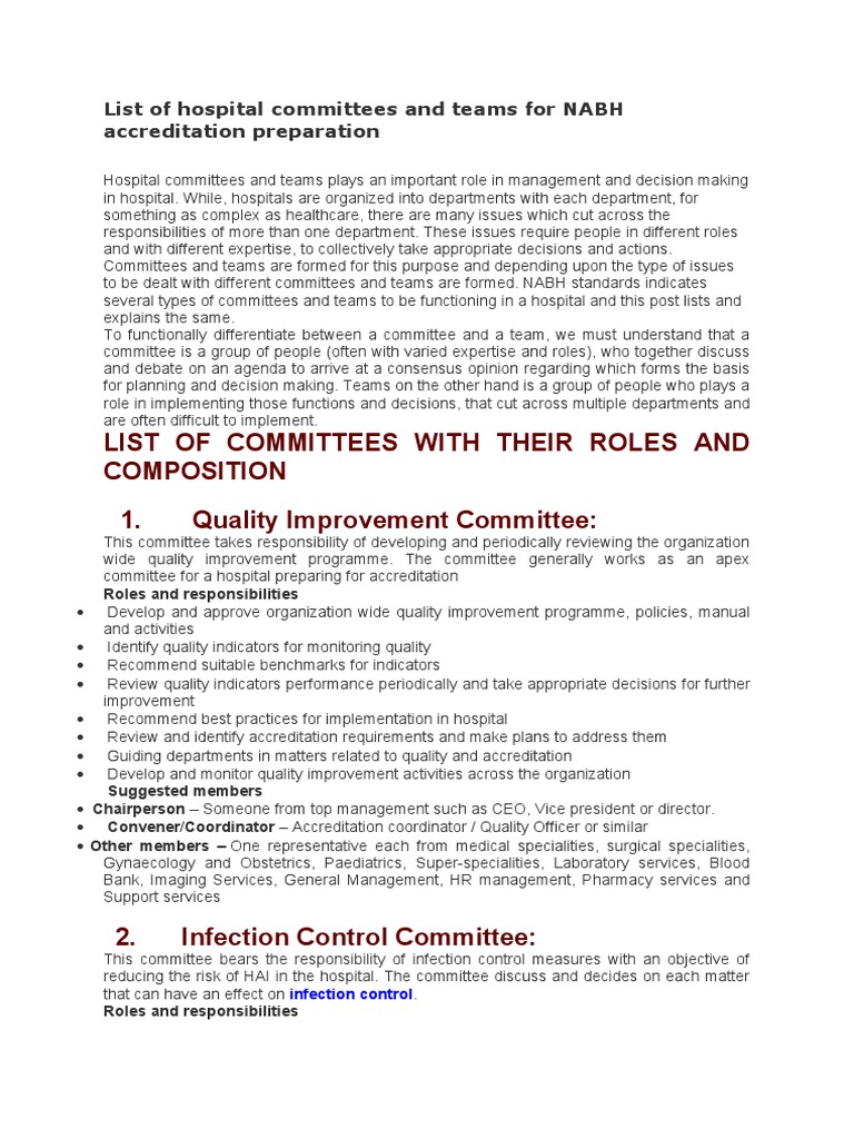 NABH Hospital Committees Overview | PDF | Pharmacy | Infection