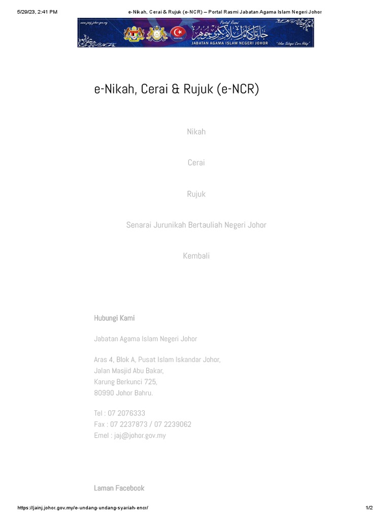 E-Nikah, Cerai & Rujuk (e-NCR) - Portal Rasmi Jabatan Agama Islam Negeri Johor | PDF