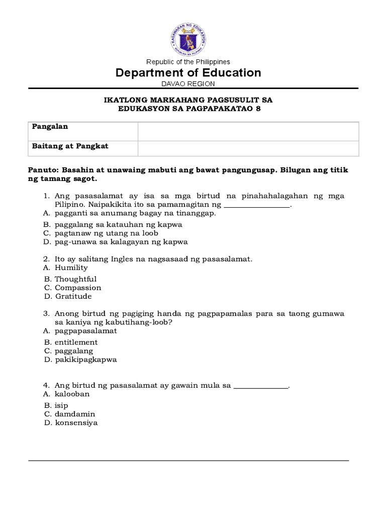Quarterly Test - Q3 EsP 8 | PDF