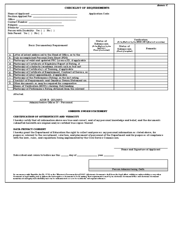 Annex C Checklist of Requirements Includes Omnibus Sworn Statement. | PDF