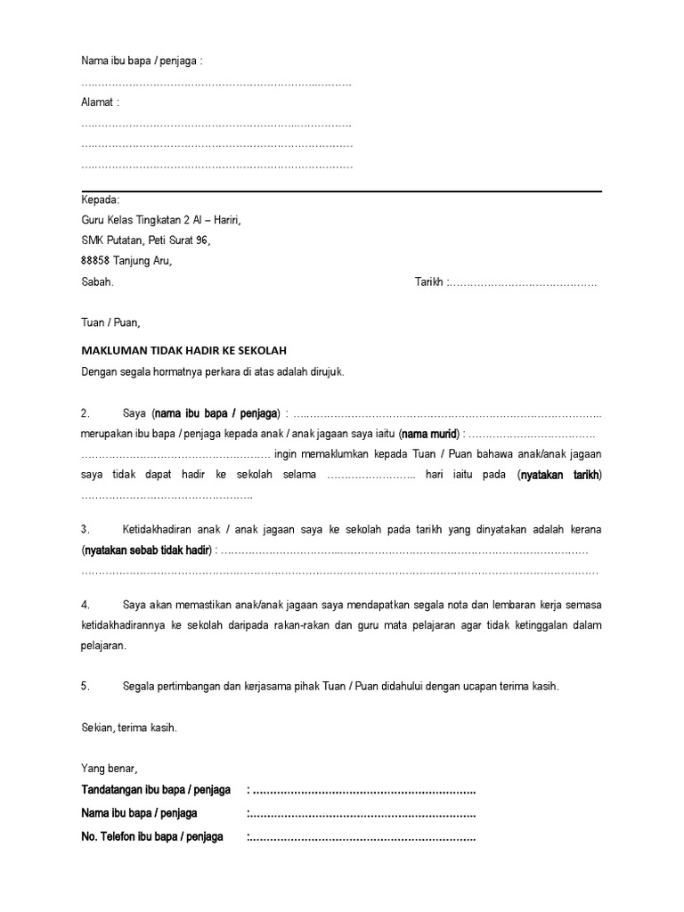 Surat Tidak Hadir Sekolah Fill in The Blank | PDF
