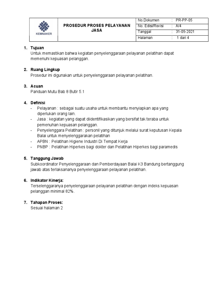 SOP Pelayanan Pelatihan K3 | PDF