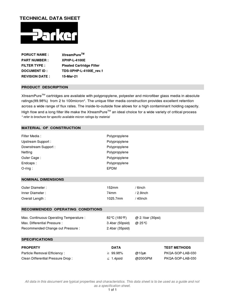 XtreamPure™ Filter Technical Data Sheet | PDF