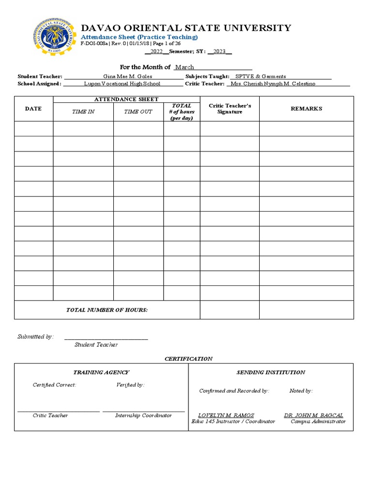 Attendance Sheet Internship | PDF