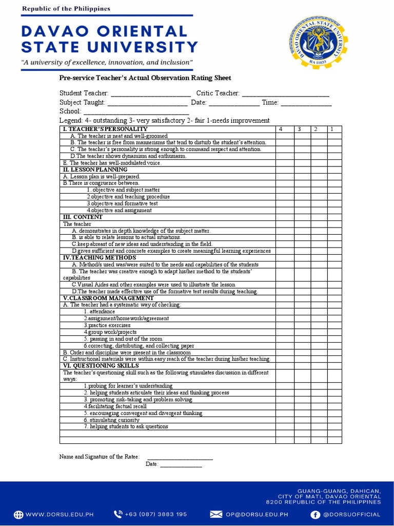 Actual Teaching Observation Rating Sheet | PDF | Teachers | Learning