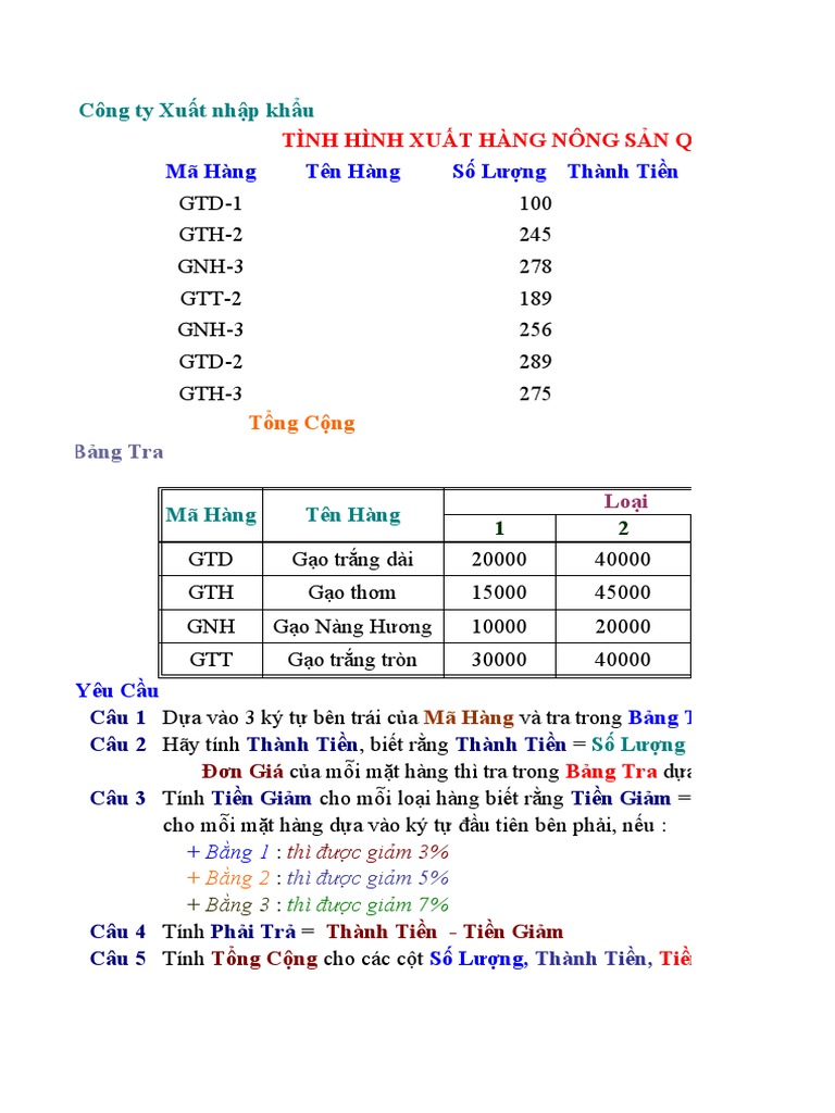 BT Excel 8 Tinh Hinh Xuat Hang Nong San | PDF
