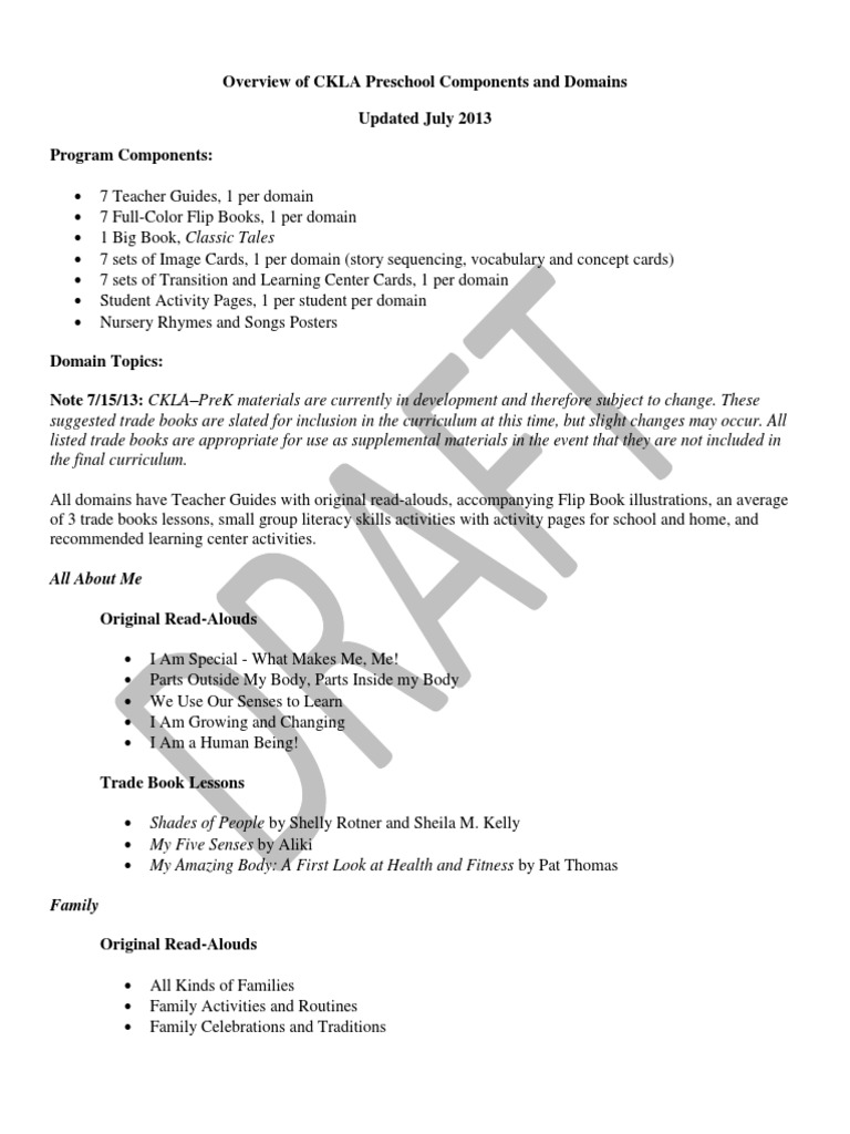 Overview of CKLA Preschool Components and Domains | PDF | Teachers ...