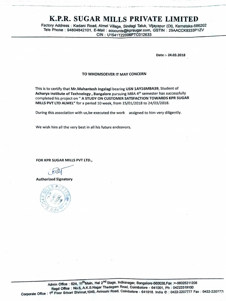 A Study On Customer Satisfaction Towards KPR Sugar Mills PVT - LTD ...