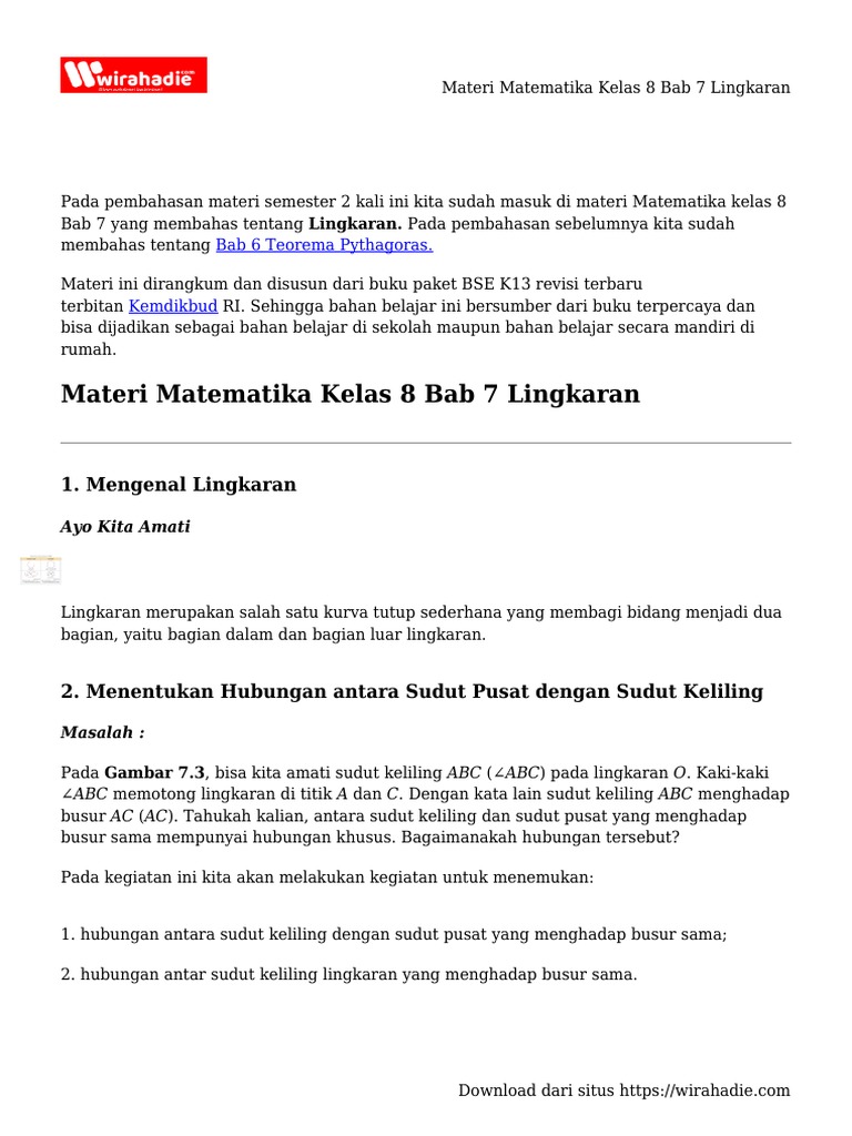 Materi Matematika Kelas 8 Bab 7 Lingkaran | PDF | Metode & Bahan Ajar | Griya & Taman