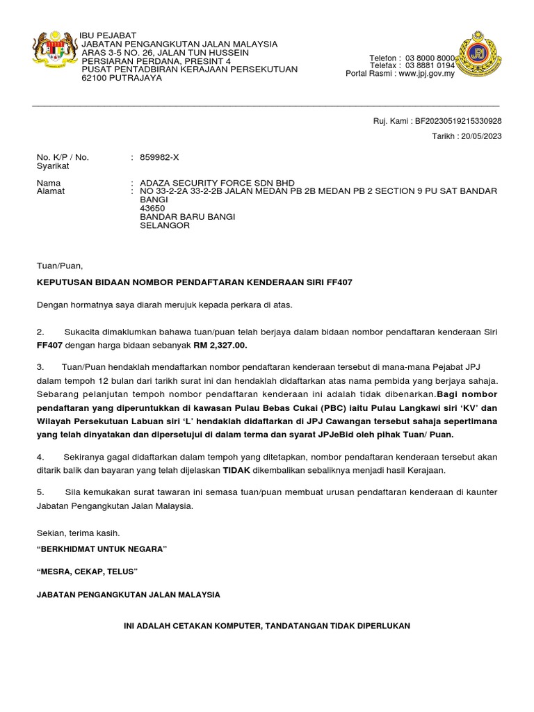 Surat JPJ Berjaya FF407 | PDF