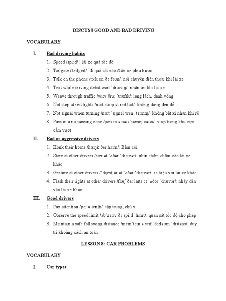 Topic 2. Driving Habits - Vocabulary | PDF