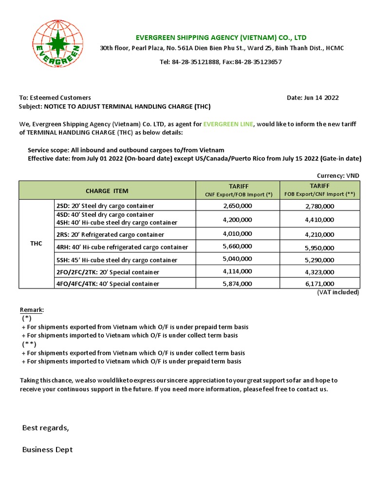 Evergreen Line - THC Adjustment - Jul 01 2022 | PDF | Cargo | Freight ...