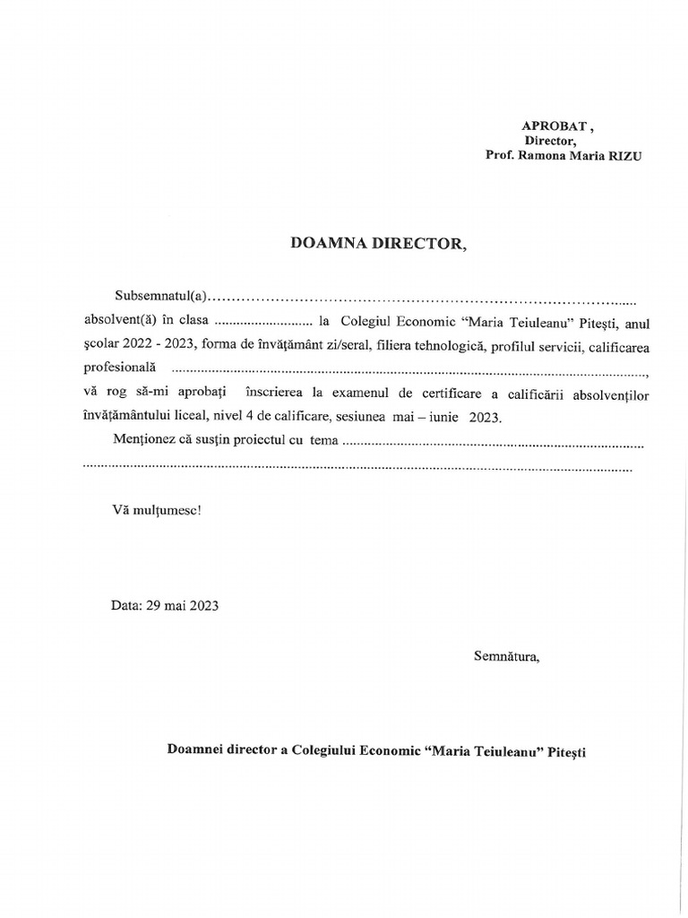 Cerere Inscriere Nivel 4 | PDF