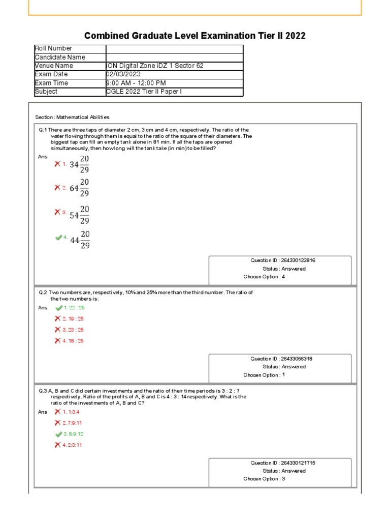 CGLE 2022 Tier II Math Exam Questions | PDF | Question