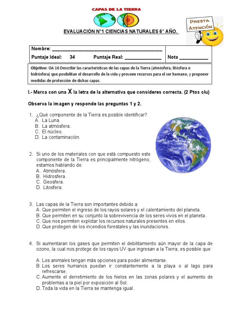 Evaluación Capas de la Tierra 6° Básico | PDF | Tierra | Atmósfera