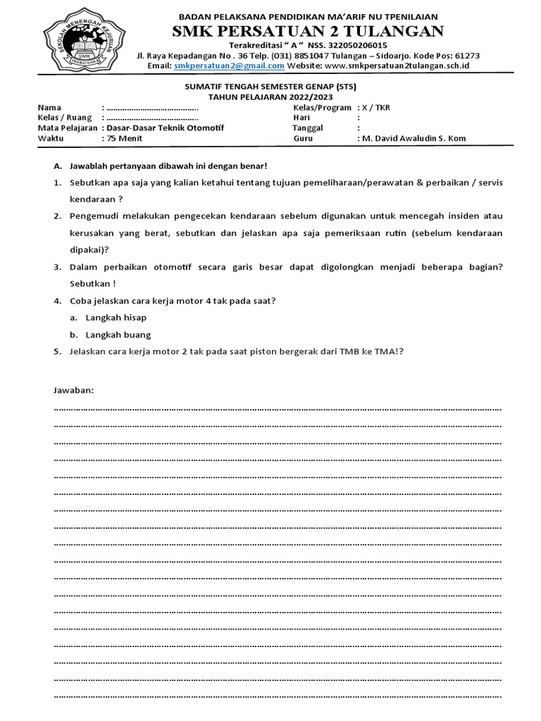 Soal PTS X TKR (DK-1) | PDF