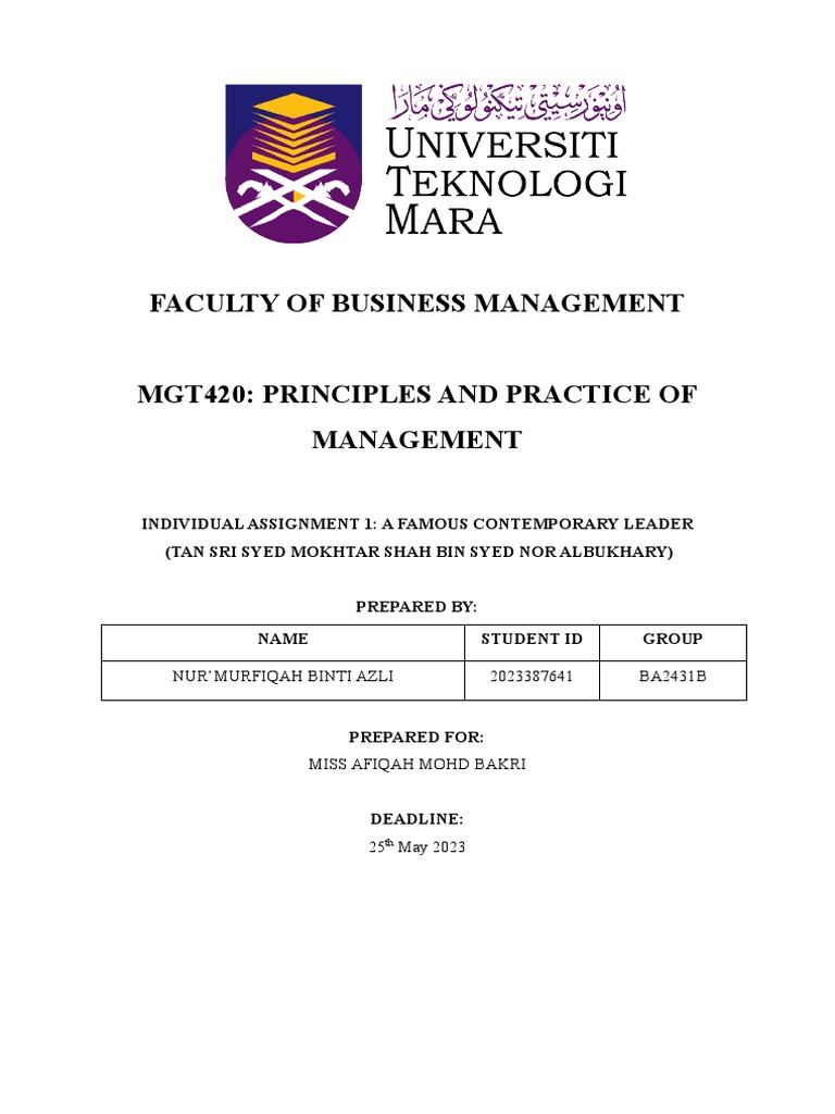 Individual Assignment MGT420 | PDF | Leadership | Entrepreneurship
