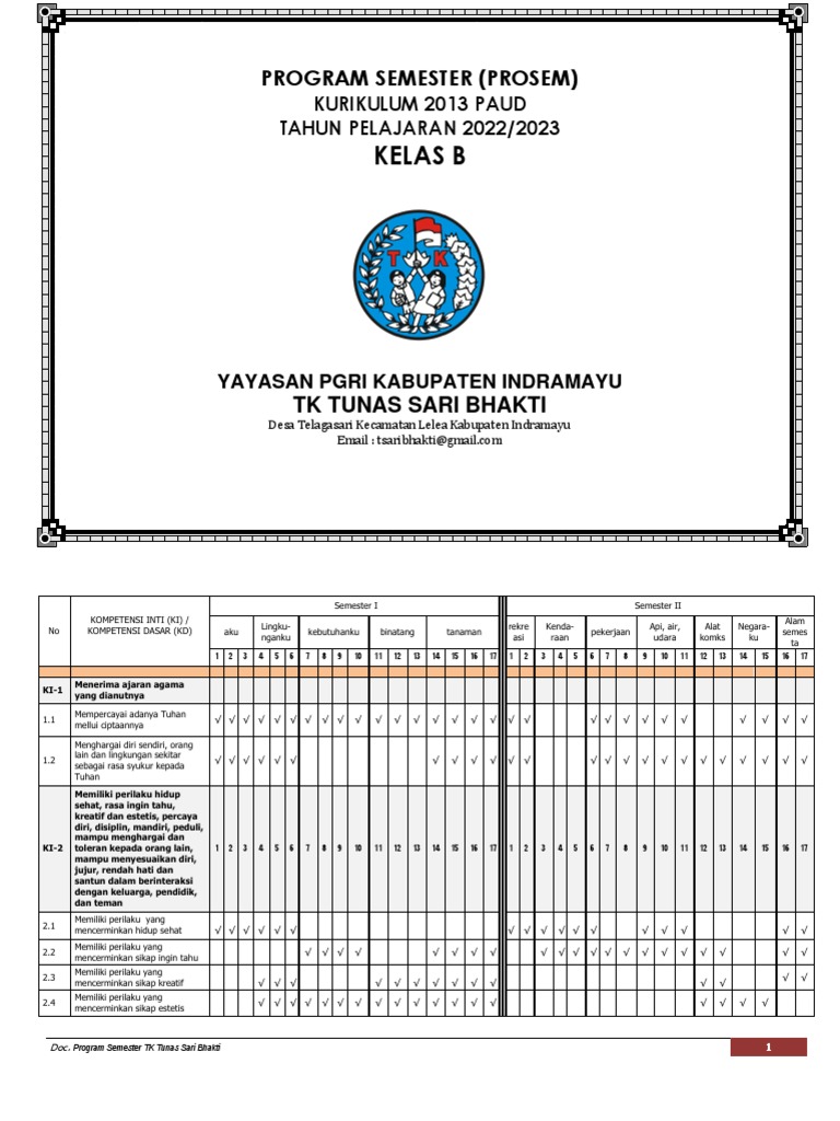 Prosem TK B 5-6 Tahun k13 Semester 1,2 | PDF