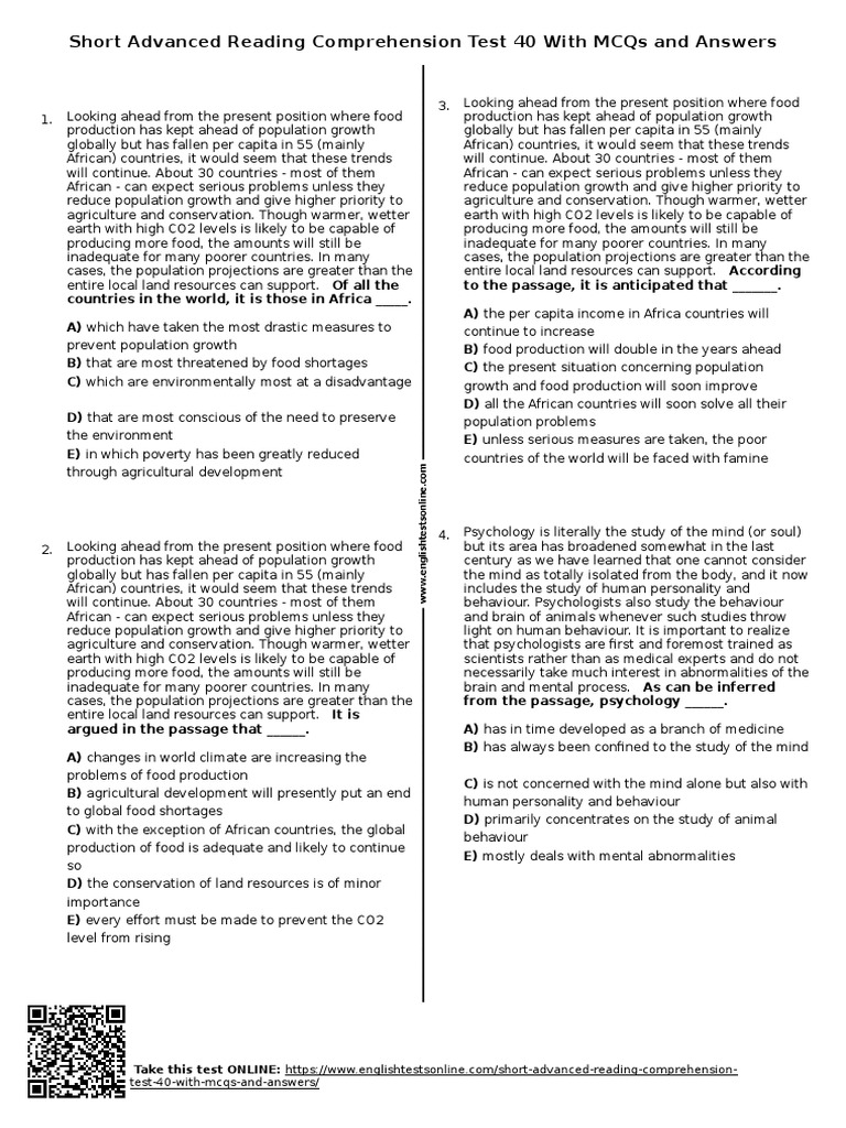 883 - Short Advanced Reading Comprehension Test 40 With Mcqs and ...