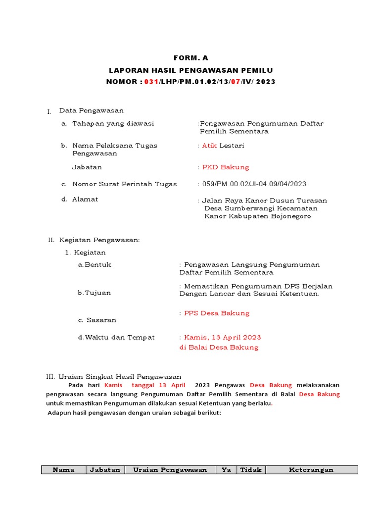 CONTOH FORM A DPS April | PDF