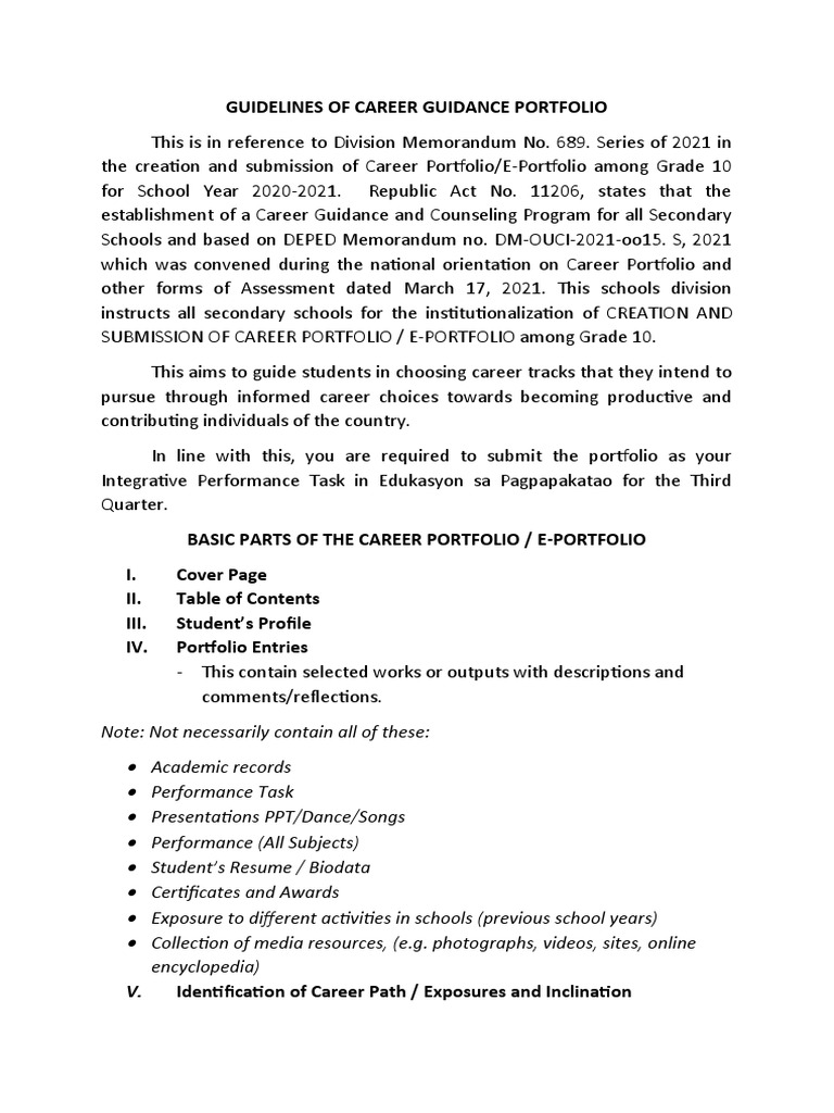 Career Guidance Portfolio Guidelines | PDF | Goal | Communication