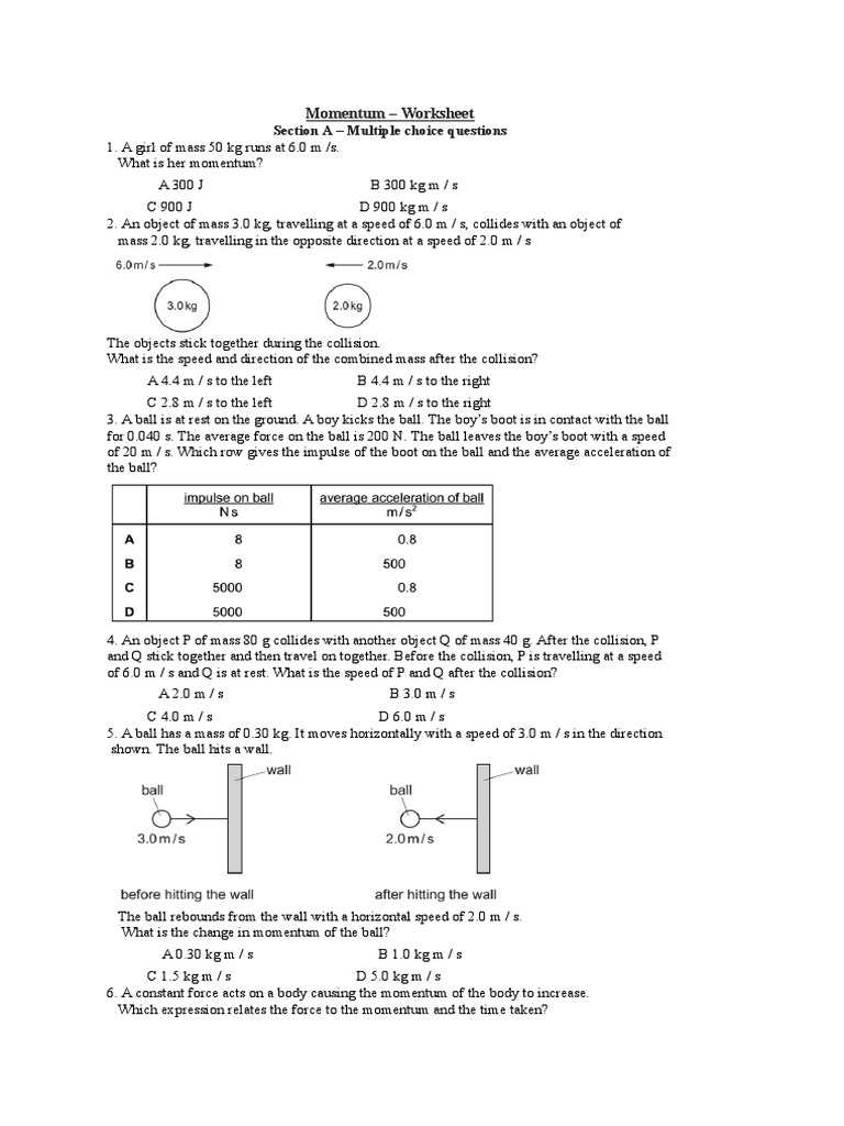 Momentum - Worksheet: Section A - Multiple Choice Questions | PDF ...
