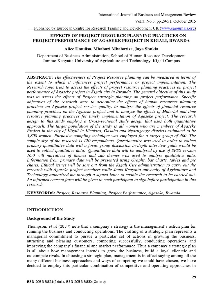 Effects of Project Resource Planning Practices On Project Performance of Agaseke Project in ...