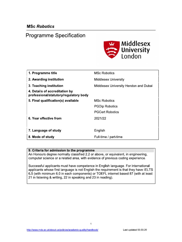 MSC Robotics Middlesex London | PDF