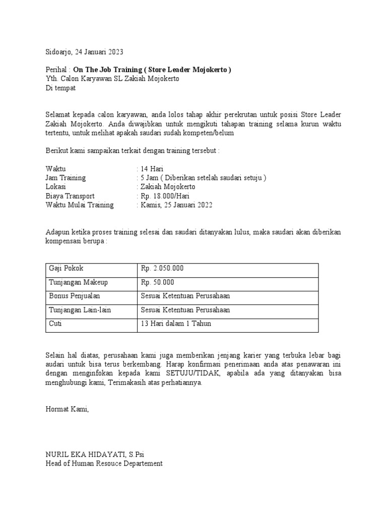 Offering Letter Training Zakiah | PDF