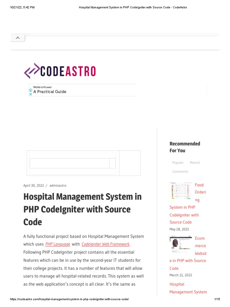 Hospital Management System in PHP CodeIgniter With Source Code - CodeAstro | PDF | Php | Medical ...