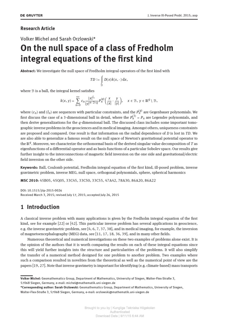 Null Space of A Class of Fredholm (Michel2015) | PDF | Inverse Problem | Integral Equation