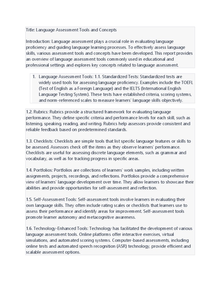 Language Assessment Tools and Concept | PDF | Educational Assessment ...