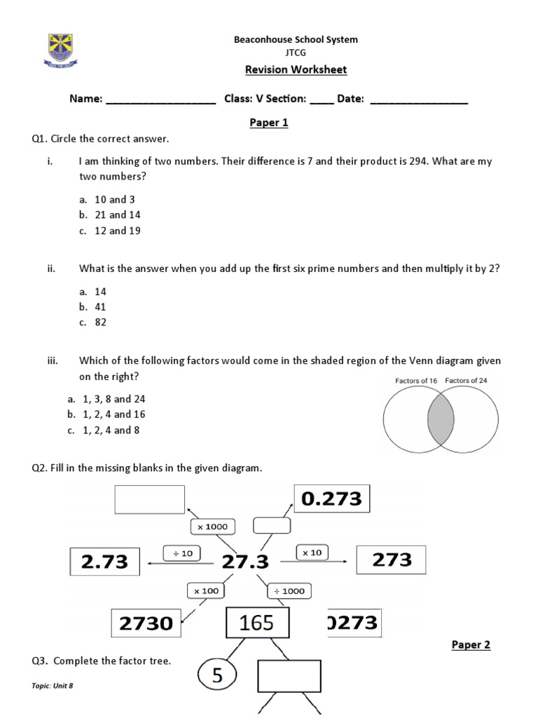 Final Exam Math Revision Worksheet - Unit 8 | Download Free PDF ...