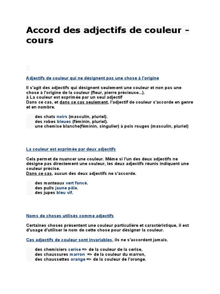 Accord Des Adjectifs de Couleur | PDF | Genre grammatical | Nombre ...