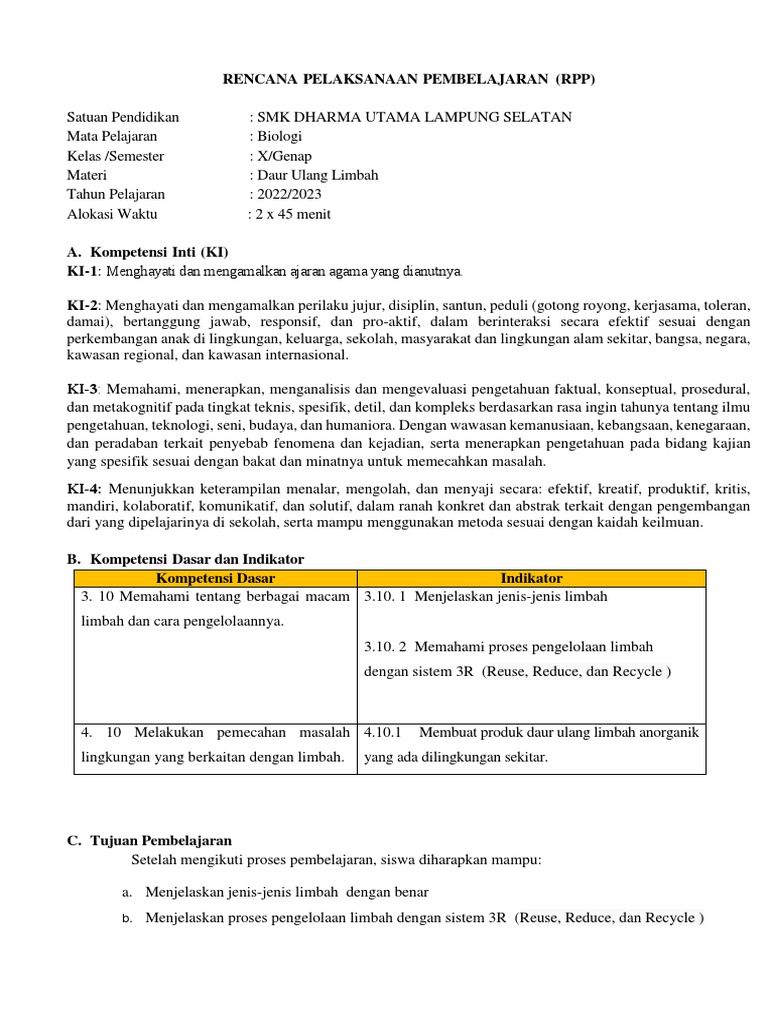 Rpp Model Pjbl Daur Ulang Limbah | PDF