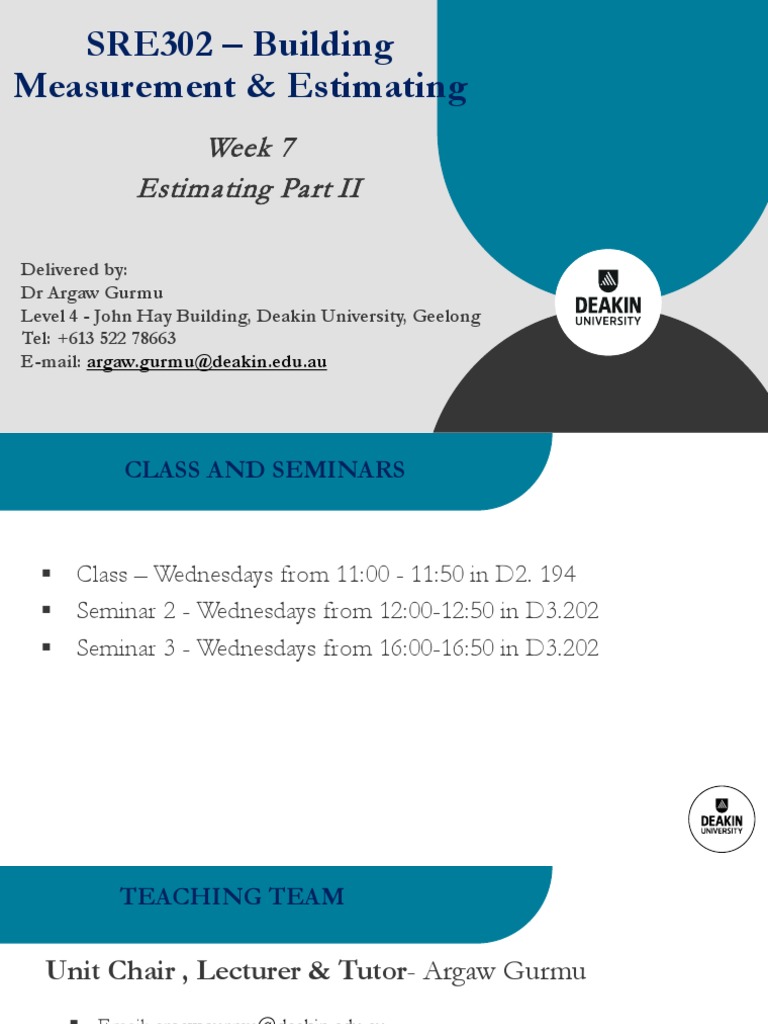 SRE302 - T1 - 2023 - Class 7 - Estimating Part 2 | PDF | Civil Engineering | Building Engineering
