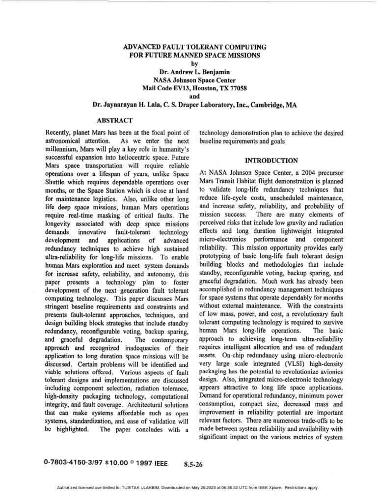 Advanced Fault Tolerant Computing For Future Manned Space Missions Pdf Fault Tolerance