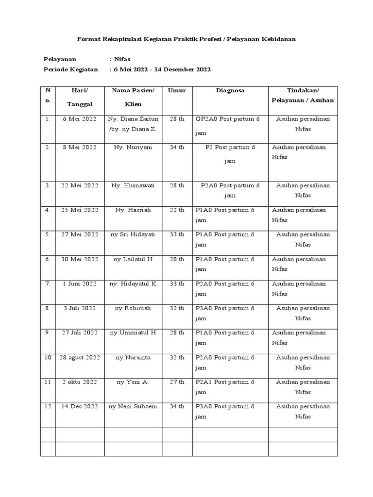 Format Rekapitulasi Kegiatan Praktik Profesi Nifas | PDF