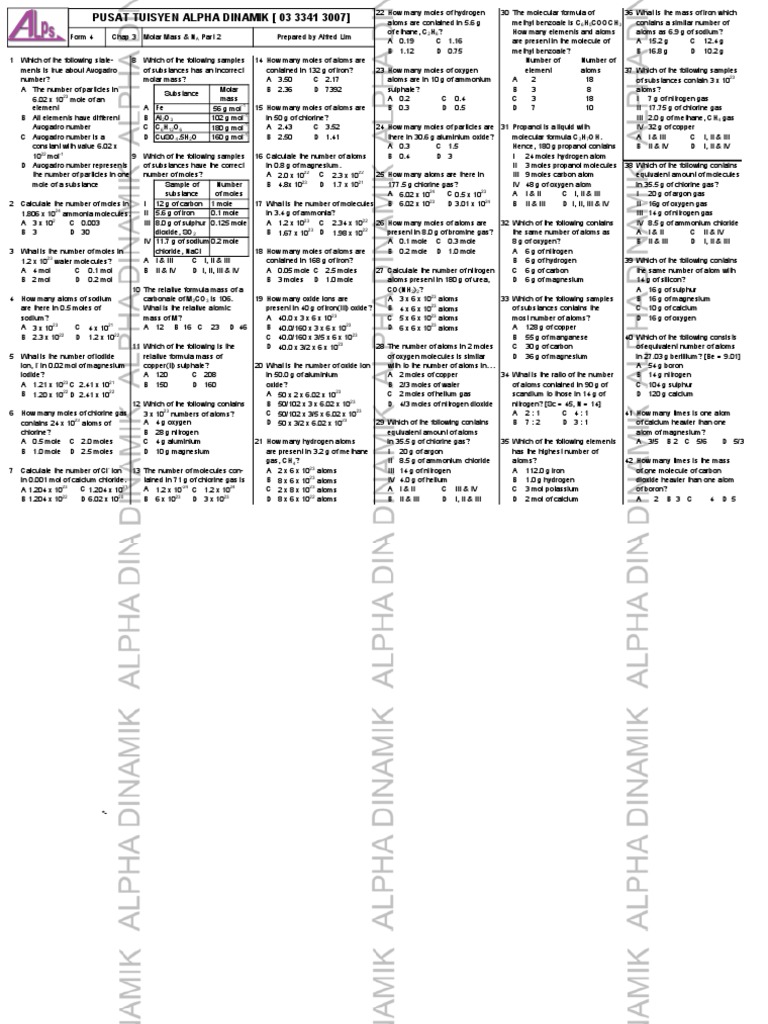 Chapter 3 Questions Watermark | PDF | Mole (Unit) | Molecules