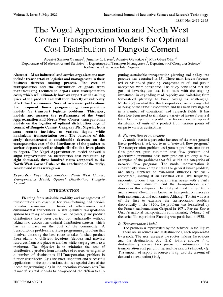 The Vogel Approximation and North West Corner Transportation Models For Optimal Cost ...
